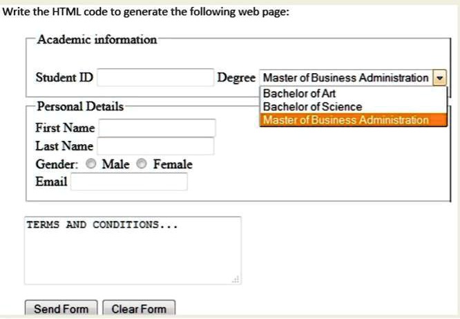 Write the HTML code to generate the following web page: Academic information Student ID Personal ...