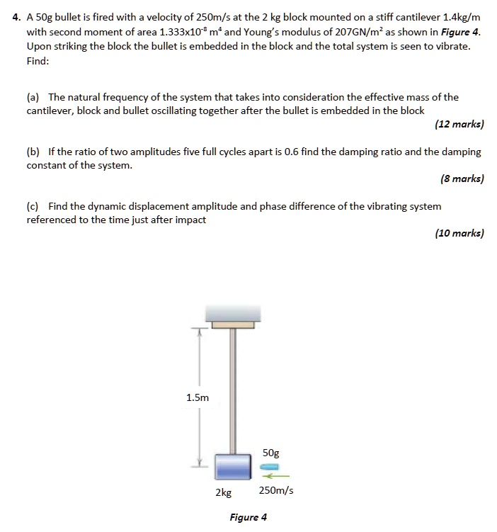 4. A 50g bullet is fired with a velocity of 250m/s at the 2 kg block ...