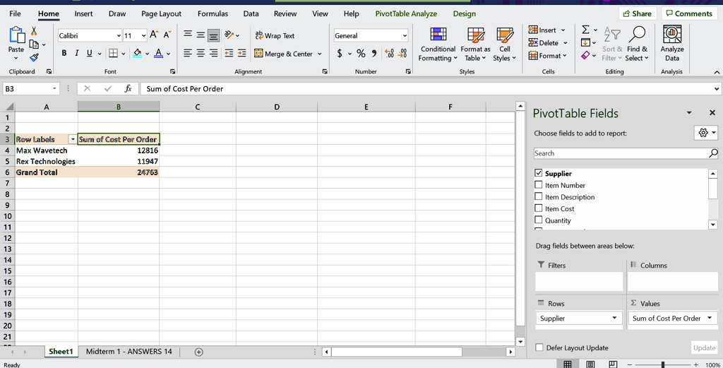 create a pivot table in a new worksheet utilizing the purchase order ...
