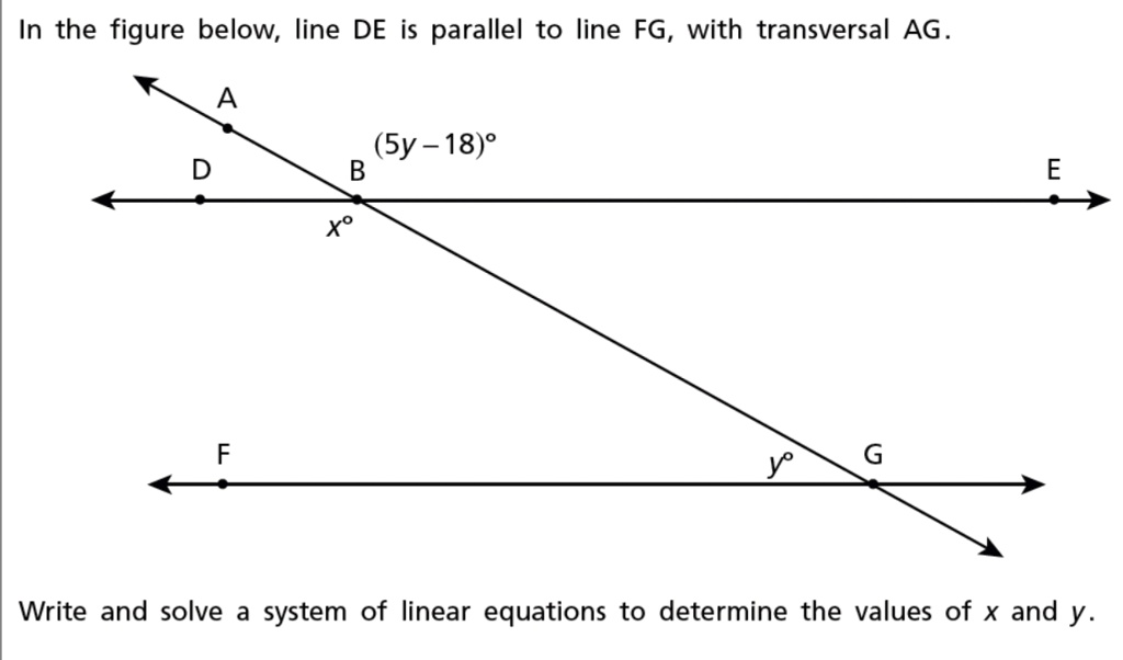SOLVED: In the figure below, line DE is parallel to line FG, with transversal AG. A (5y-18)Â° B ...