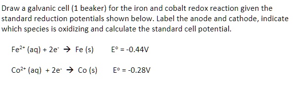 SOLVED: Draw galvanic cell (1 beaker) for the iron and cobalt redox ...