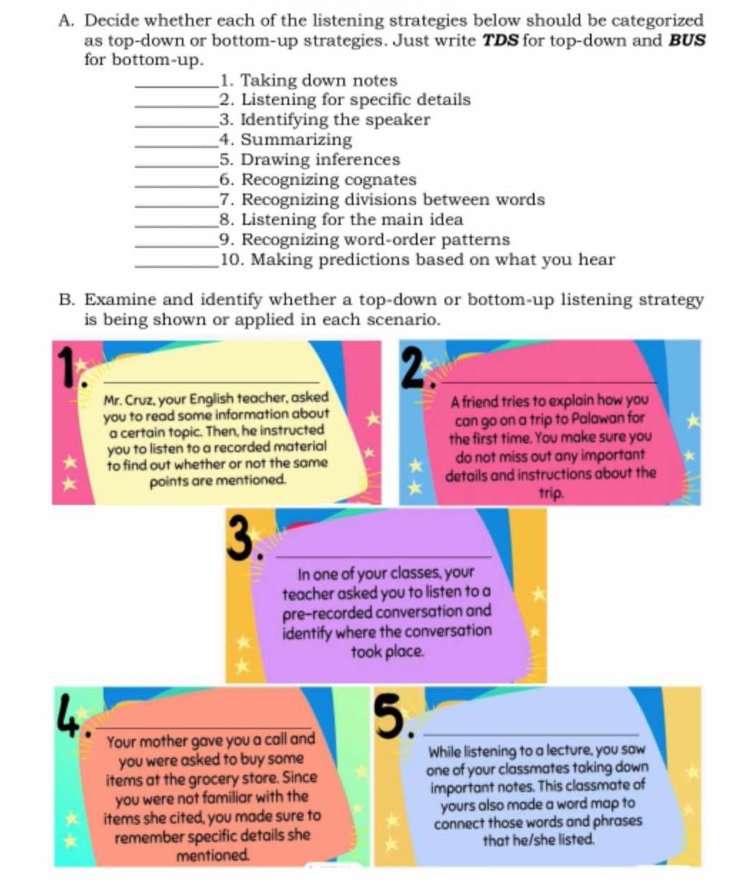 SOLVED: A. Decide whether each of the listening strategies below should ...