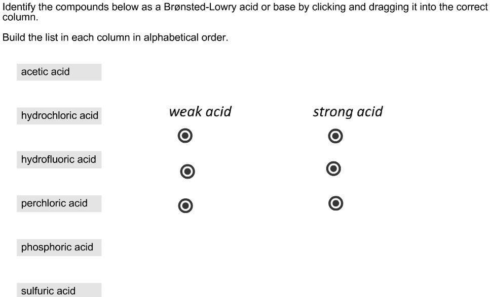 SOLVED: Identify the compounds below as a BrÃ¸nsted-Lowry acid or base ...