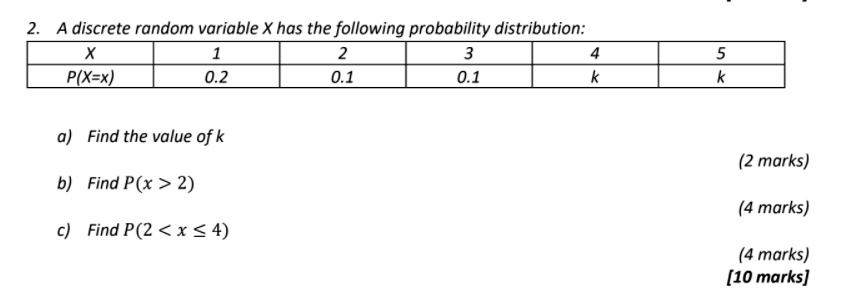 SOLVED: A discrete random variable X has the following probability distribution: P(X=x) 0.2 0.1 ...