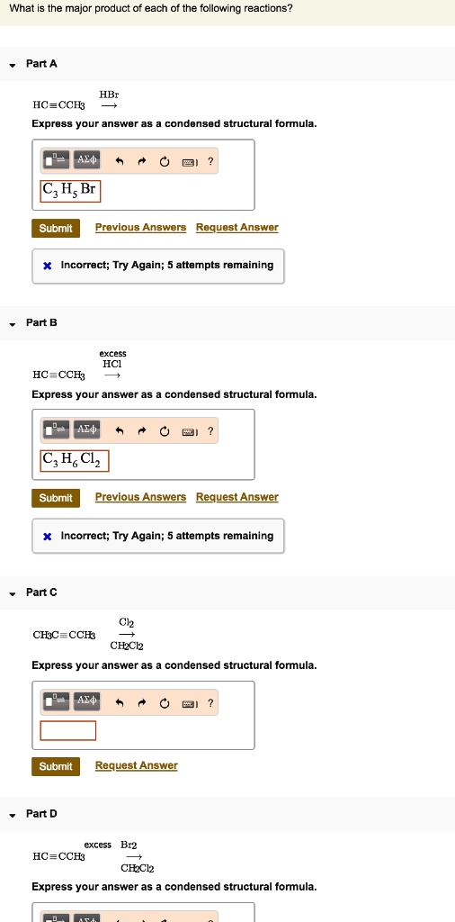 SOLVED: What is the major product each of the following reactions? Par A HBr HC=CCH3 Express ...