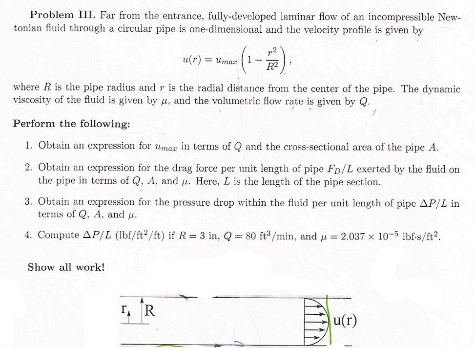 SOLVED: Problem III. Far from the entrance, fully-developed laminar flow of an incompressible ...