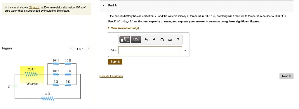 SOLVED: In the circuit shown (Figure 1), a 20-ohm resistor sits inside 107 g of pure water that ...
