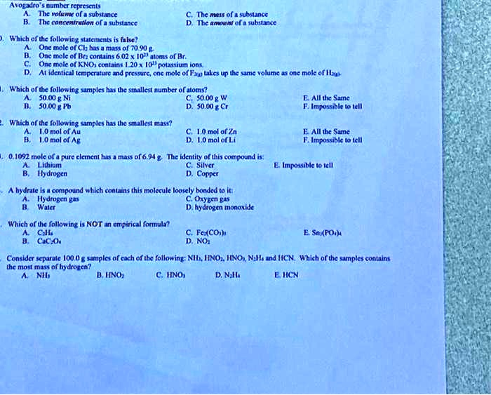 SOLVED: Texts: Avogadro's number represents A. The volume of a substance B. The concentration of ...