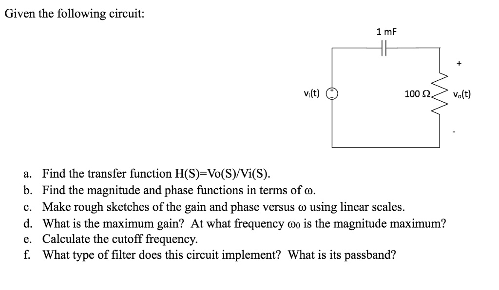 SOLVED: Given the following circuit: 1 mF Vi(t) 100 Vo(t) a. Find the transfer function H(S ...