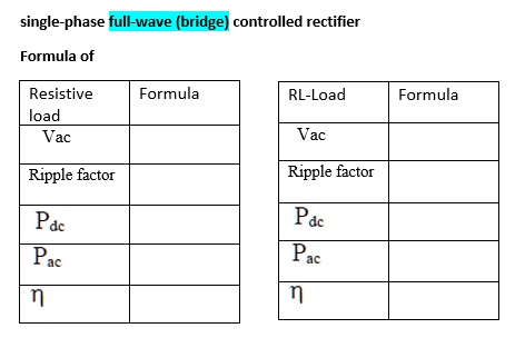SOLVED: Single-phase full-wave (bridge) controlled rectifier Formula for Resistive load: Vac ...