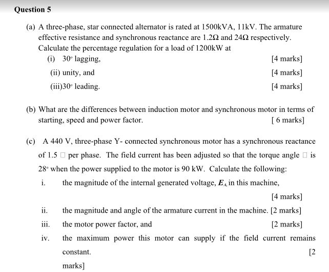 SOLVED: Question 5 a A three-phase,star connected alternator is rated at l500kVA,l1kV.The ...