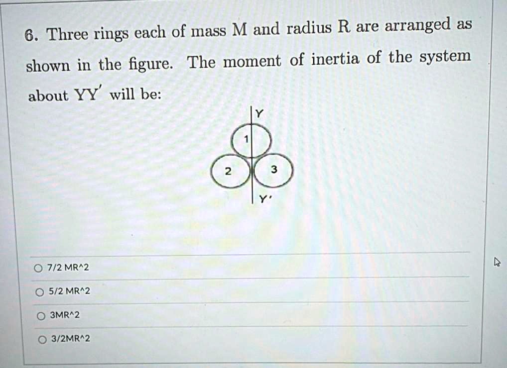 SOLVED: Three rings, each of mass M and radius R, are arranged as shown ...