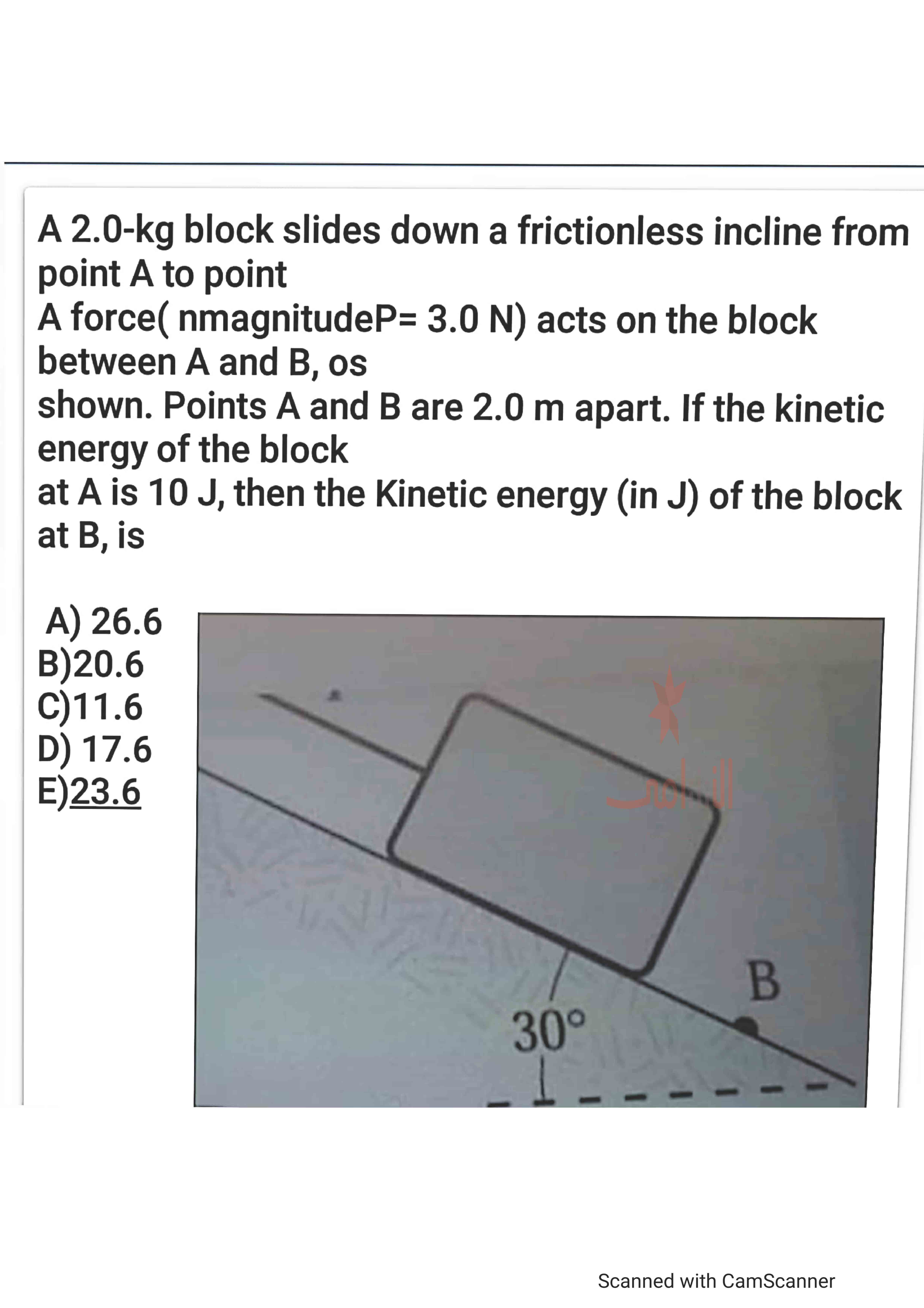 A 2.0-kg block slides down a frictionless incline from point A to point A force ( nmagnitudeP=3. ...
