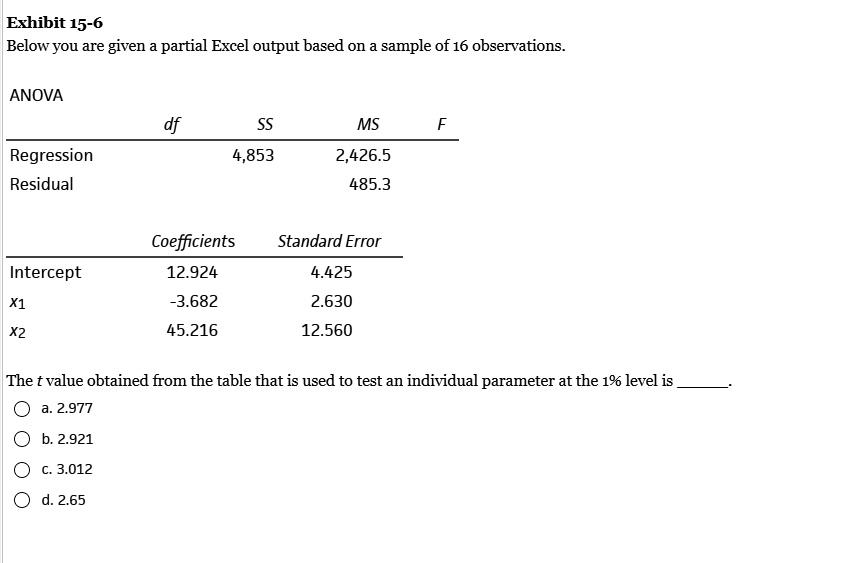 Solved Exhibit 15 6 Below You Are Given Partial Excel Output Based On