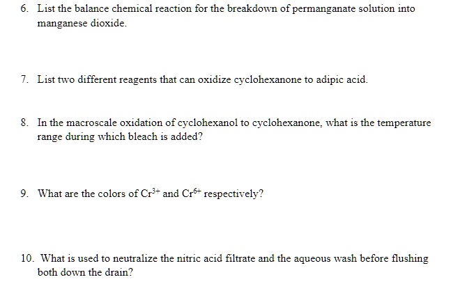 List the balanced chemical reaction for the breakdown of permanganate ...
