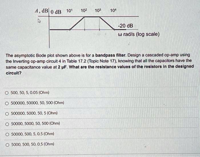 SOLVED: A, dB 0 dB 101 O 500, 50, 5, 0.05 (Ohm) O 500000, 50000, 50, 500 (Ohm) 500000, 5000, 50 ...