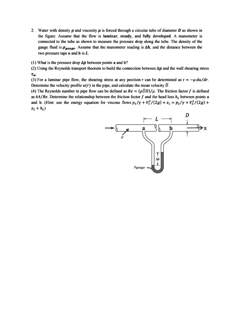 2. Water with density ρ and viscosity μ is forced through a...