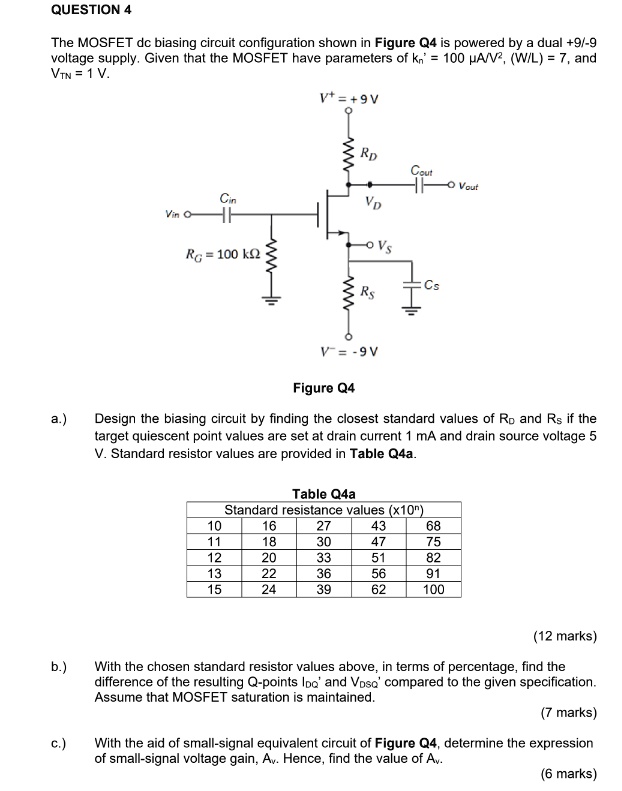 SOLVED: QUESTION 4 The MOSFET dc biasing circuit configuration shown in Figure Q4 is powered by ...