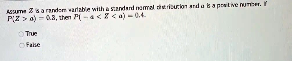 Assume Z is a random variable with a standard normal distribution and a is a positive number. If ...