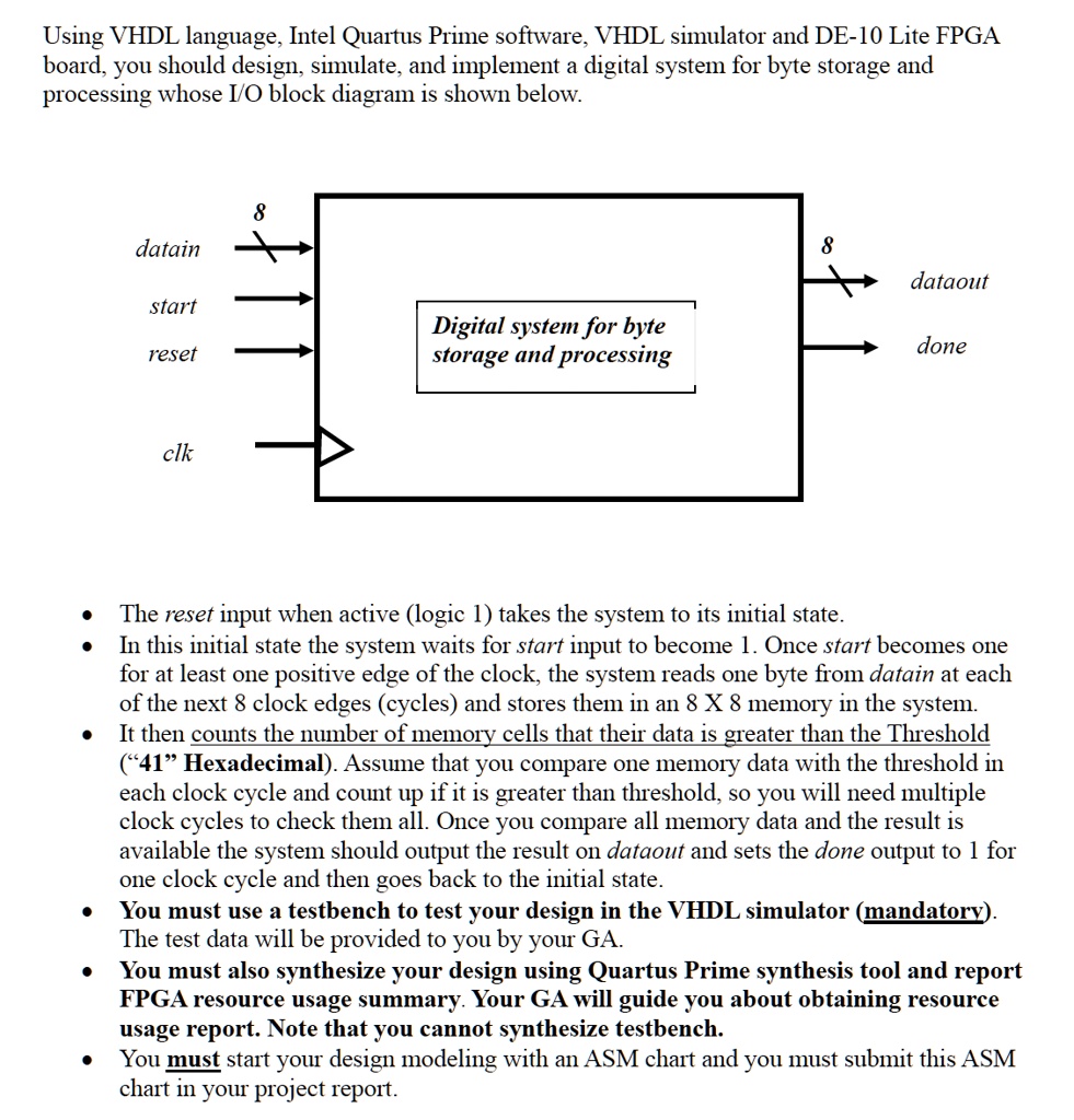Using VHDL language, Intel Quartus Prime software, VHDL simulator, and DE-10 Lite FPGA board ...