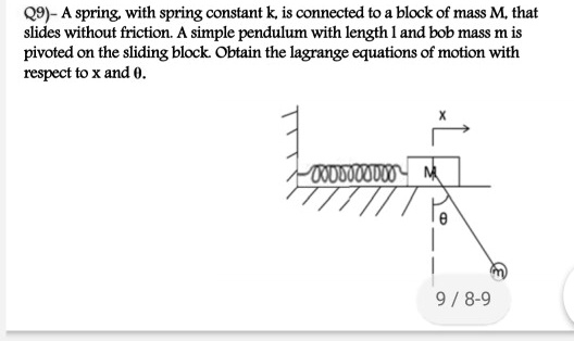SOLVED: Q9)- spring with spring constant k is connected to block of' mass M, that slides without ...