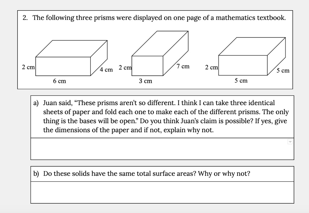 The following three prisms were displayed on one page of a mathematics ...