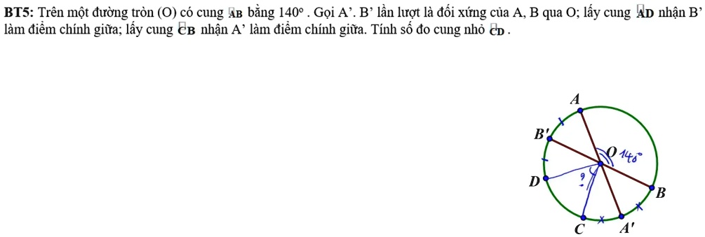 [GET ANSWER] BT5: Trên m?t ???ng tròn (O) có cung AB b?ng 140°. G?i A', B' l?n l??t là ??i x?ng ...