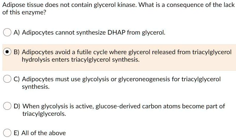 SOLVED: Adipose tissue does not contain glycerol kinase. What is a ...