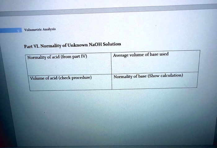 SOLVED: Text: Volumetric Analysis Part V: Normality of Unknown NaOH Solution Normality of acid ...