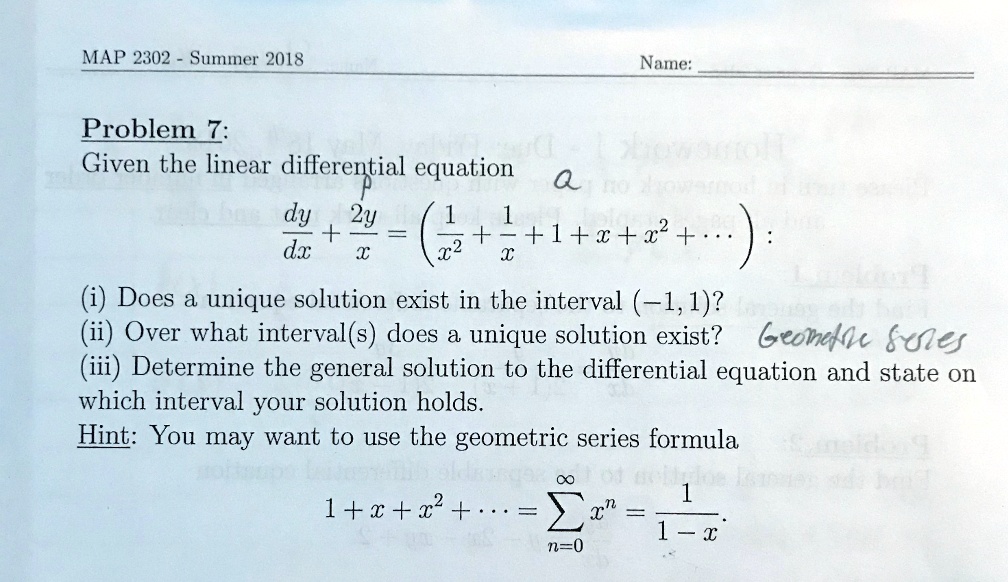 SOLVED: MAP 2302 Summer 2018 Name: Problem Z: Given the linear ...