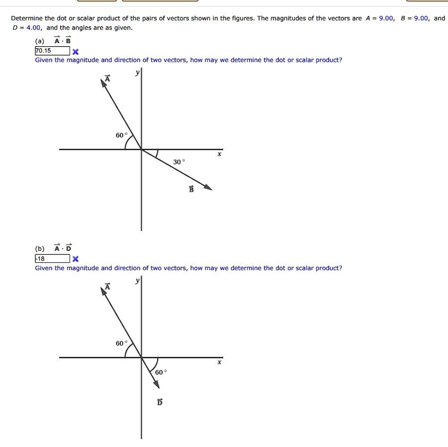 SOLVED: Determine the dot or scalar product of the pairs of vectors ...