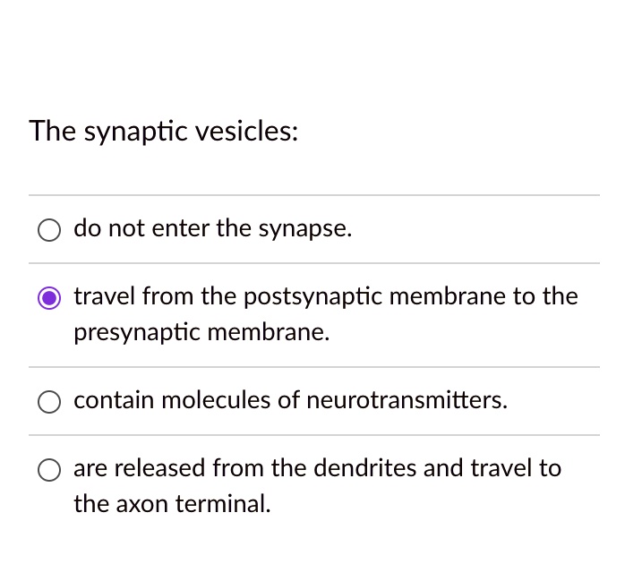 SOLVED: The synaptic vesicles: do not enter the synapse travel from the ...