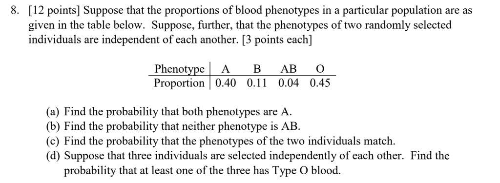 SOLVED: 8 [12 points] Suppose that the proportions of blood phenotypes in a particular ...