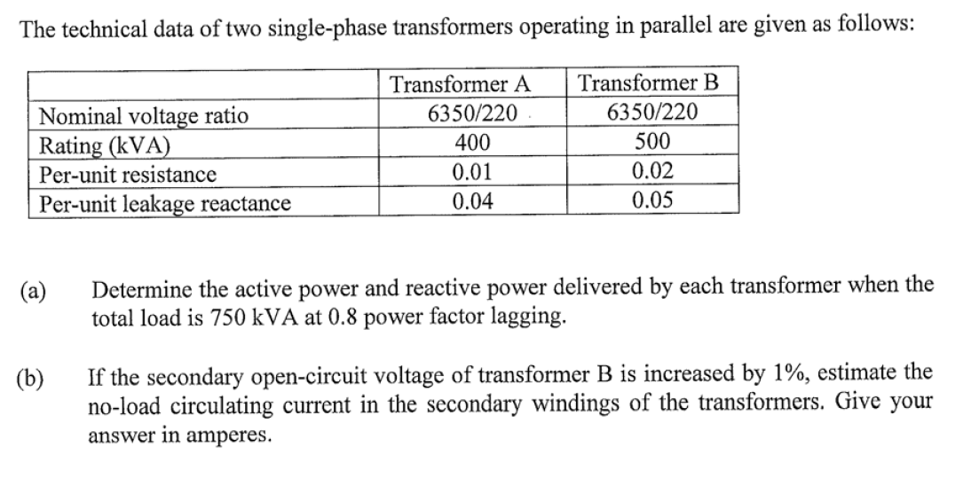 the technical data of two single phase transformers operating in parallel are given as follows ...