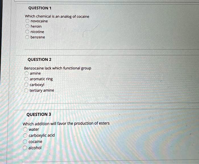 question 1 which chemical is an analog of cocaine novocaine heroin ...