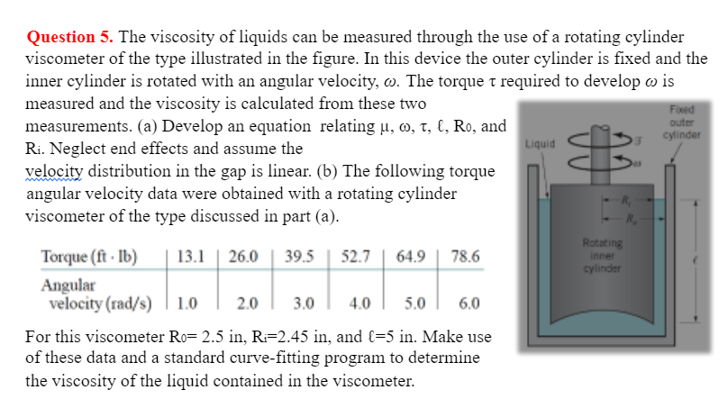 Question 5. The viscosity of liquids can be measured through the use of a rotating cylinder ...
