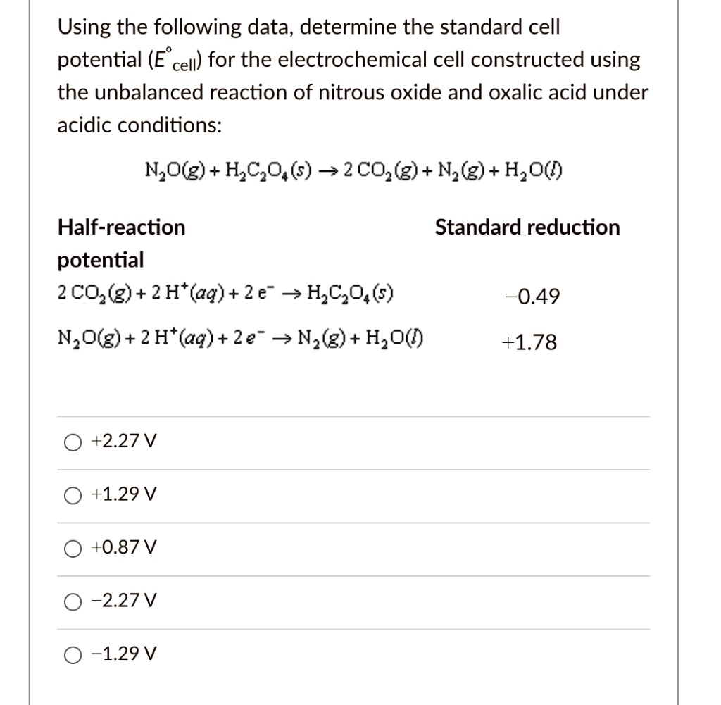 Solved Using The Following Data Determine The Standard Cell Potential