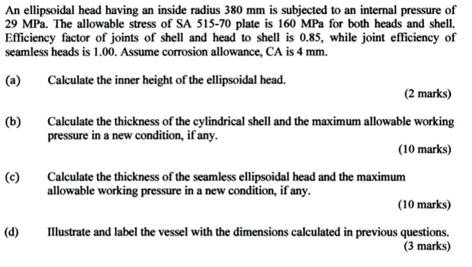 SOLVED: Pressure Vessel Design (ASME CODE) An ellipsoidal head having ...