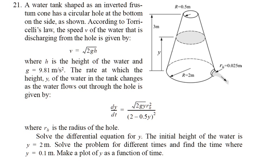 SOLVED: 21. A water tank shaped as an inverted frustum cone has a circular hole at the bottom on ...