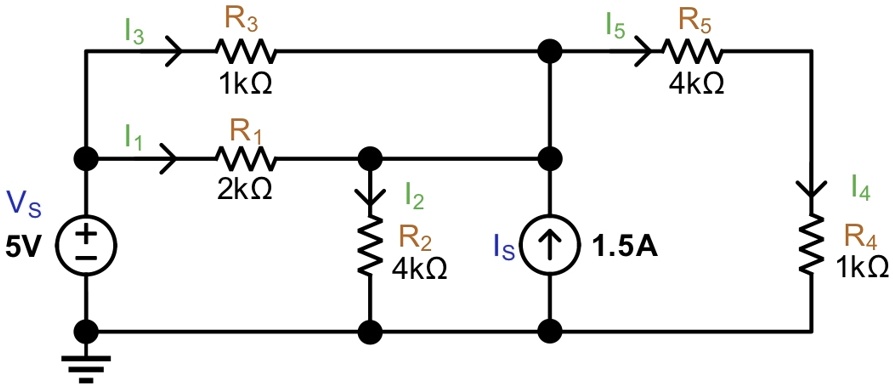 Vs 5V + I 3 R 3 1k? I 1 R 1 2k? I 2 R 2 4k? I 5 R 5 4k? I 4 I s ? 1.5A ...