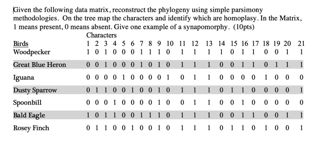 ggiven the following data matrix reconstruct the phylogeny using simple parsimony methodologies ...