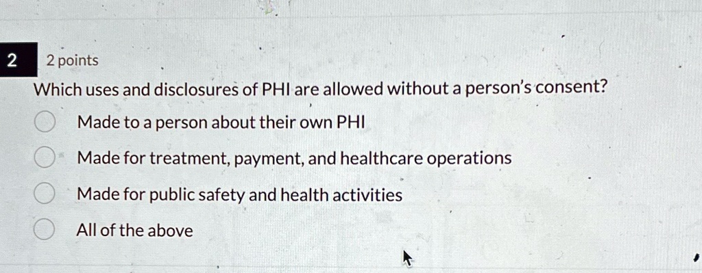 2 points Which uses and disclosures of /PHI are allowed without a ...