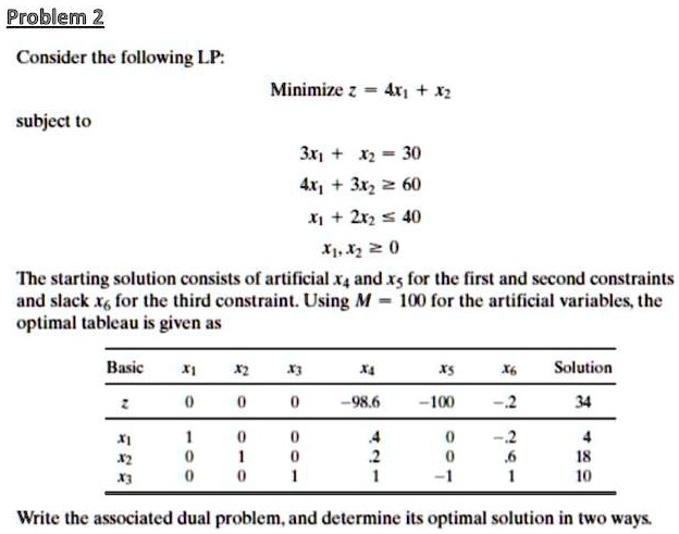 SOLVED: Problem2 Consider the following LP: Minimize = 4 +X subject t0 31 n=30 M 312 2 60 21 ...
