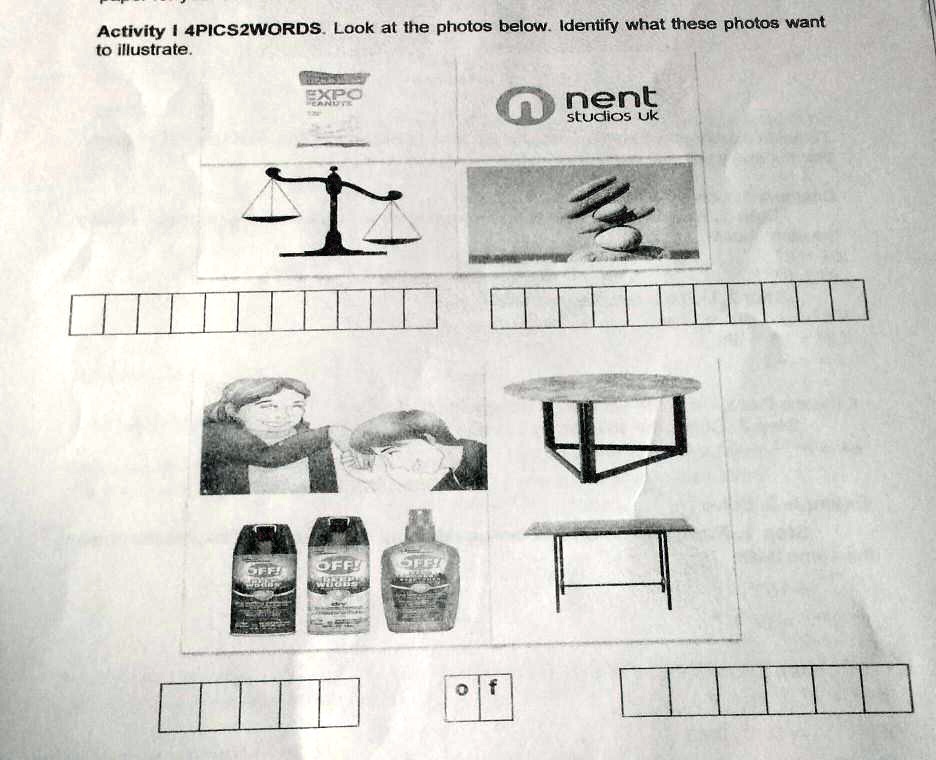 SOLVED: 'Activity I 4PICS2WORDS. Look at the photos below. Identify ...