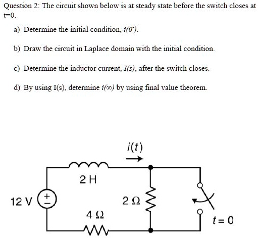 Question 2: The circuit shown below is at steady state before the switch closes at t=0. a ...