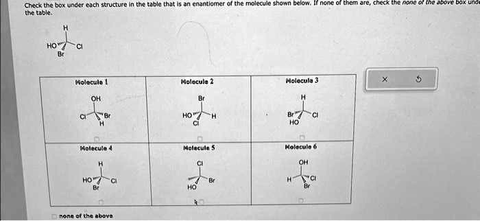 Check the box under each structure in the table that is an enantiomer ...