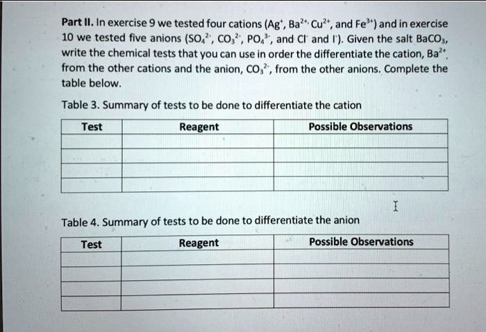 SOLVED:Part II. In exercise 9 we tested four cations (Ag' Ba?" Cu? and ...