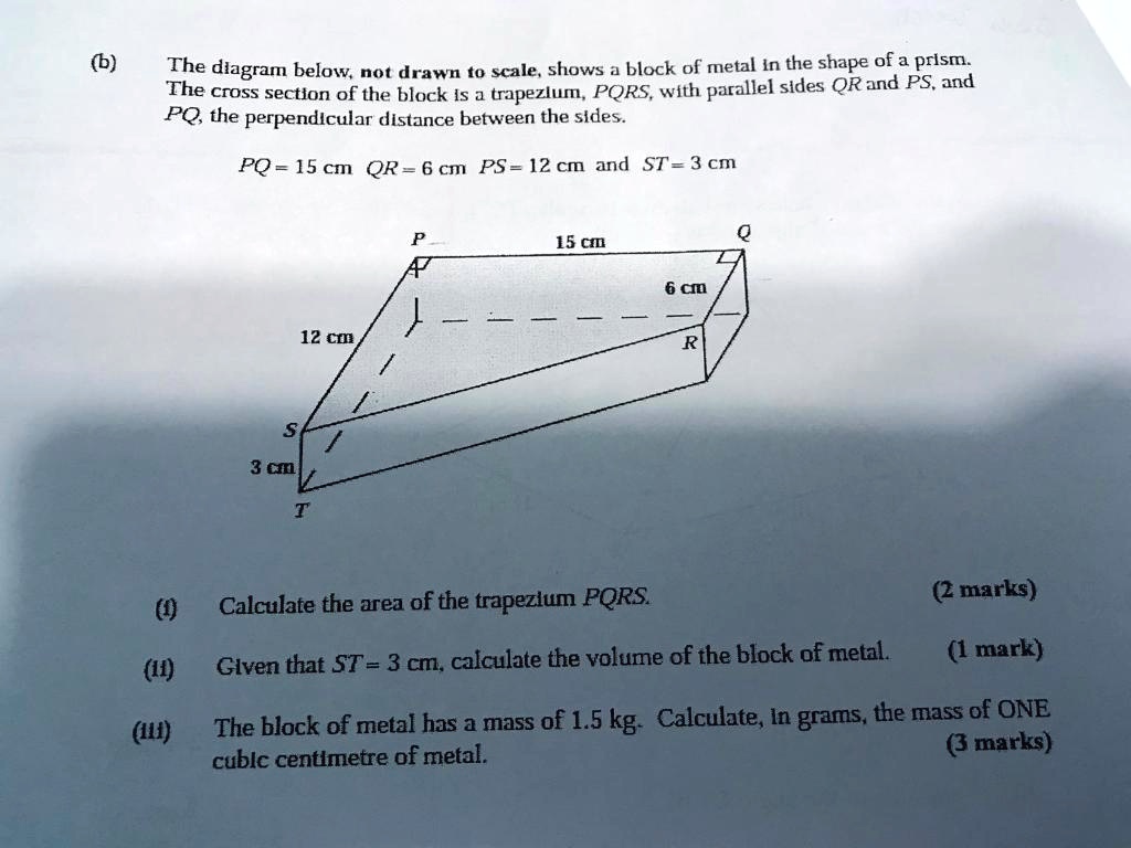 (b) The diagram below, not drawn to scale, shows a block of metal in the shape of a prism. The ...
