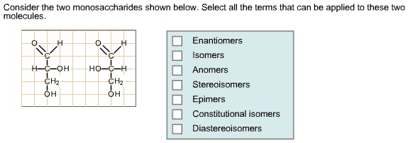 SOLVED: ' Consider the two monosaccharides shown below. Select all the terms that can be applied ...