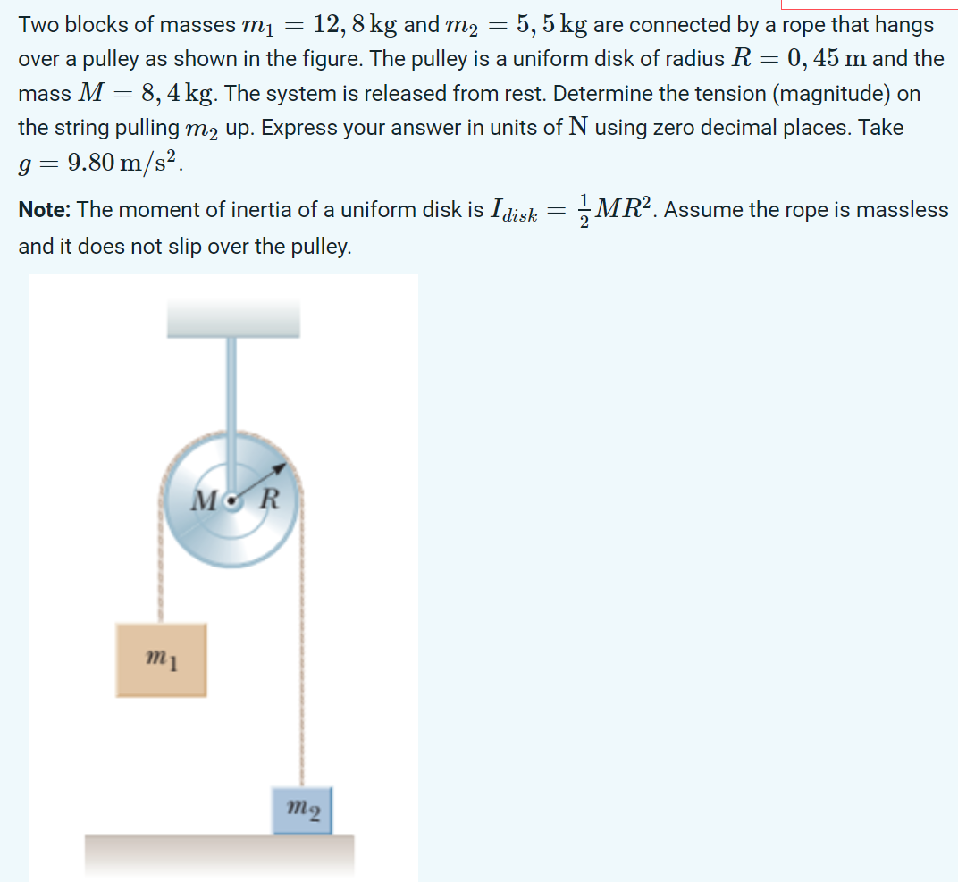SOLVED: Two blocks of masses m1=12,8 kg and m2=5,5 kg are connected by a rope that hangs over a ...